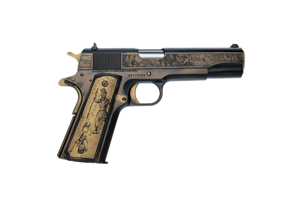 COLT DAVID AND GOLIATH CUSTOM ENGRAVED 1911 45ACP BATTLEWORN CERAKOTE ...